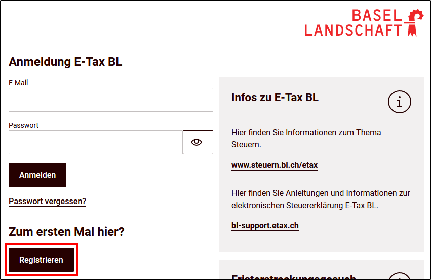 Registrierung auf E-Tax BL – E-Tax BL